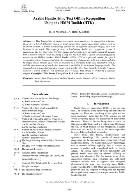 Pdf Arabic Handwriting Text Offline Recognition Using The Hmm Toolkit Htk