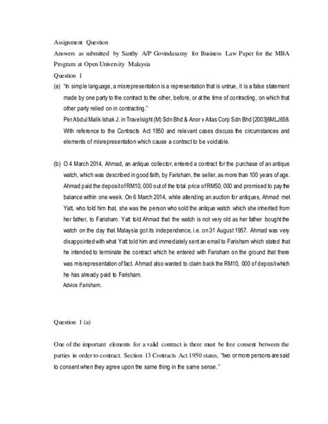 Assignment Question In Fulfillment Of Business Law Paper For Mba Prog