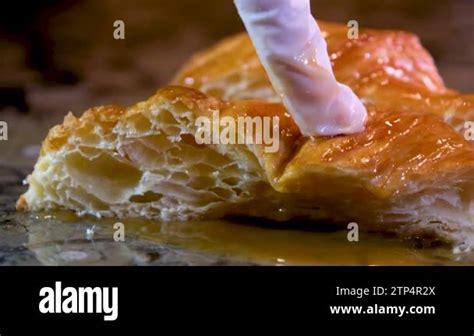 Croissant Porous Fresh Delicious Baking Structure Yeast Puff Pastry Sprinkled With Caramel Hand