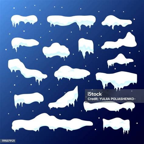 스노우 캡 스노우볼 스노우드리프트 세트 스노우 캡 벡터 컬렉션입니다 겨울 장식 요소입니다 겨울 배경에 눈 덮인 요소입니다 만화 템플릿 벡터 일러스트레이션 0명에 대한 스톡