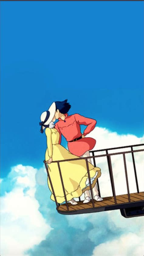 Sophie And Howl Sharing A Romantic Kiss As They Fly Above The Clouds