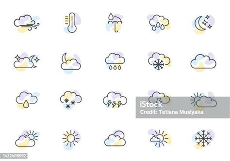 현대 날씨 아이콘 세트 기상 기호의 윤곽선 컬렉션 태양 구름 눈송이 바람 달 등의 상징을 유지합니다 얇은 선 스타일의 날씨