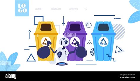 Modern Robot Putting Garbage Bags In Different Types Of Recycling Bins