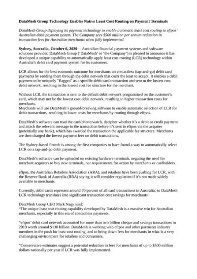 Datamesh Group Technology Enables Native Least Cost Routing On Payment Terminals