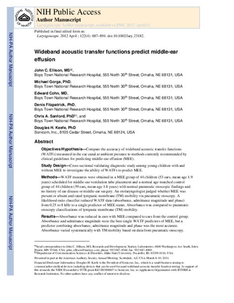Pdf Wideband Acoustic Transfer Functions Predict Middle Ear Effusion