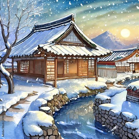 겨울을 배경으로 한 한국의 전통 기와집 Stock Illustration Adobe Stock