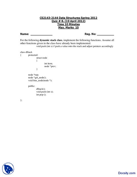 Dynamic Stack Class 1 Programming Data Structures Quiz Docsity