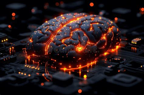 Artificial Intelligence Concept: Glowing Digital Brain on Circuit Board for Technology Design ...
