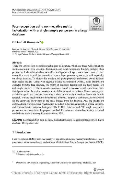 face recognition using non negative matrix factorization with a single