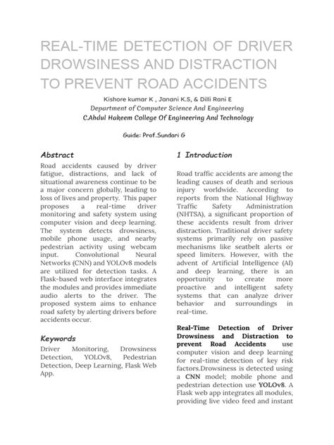 Drowsiness Detection And Driver Assistance System 1 Pdf Traffic Collision Deep Learning