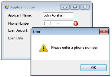 Input For WinForms Controls Have An ErrorInfo Property Which Allows You To Customize Error