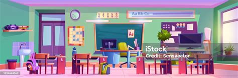 초등학교의 빈 교실 칠판이있는 방 의 내부 학생들의 개인 소지품이있는 책상 및 교사의 작업 공간 현대 계급 교육 플랫 스타일의 만화 벡터 0명에 대한 스톡 벡터 아트 및