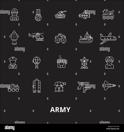 Army Editable Line Icons Vector Set On Black Background Army White Outline Illustrations Signs
