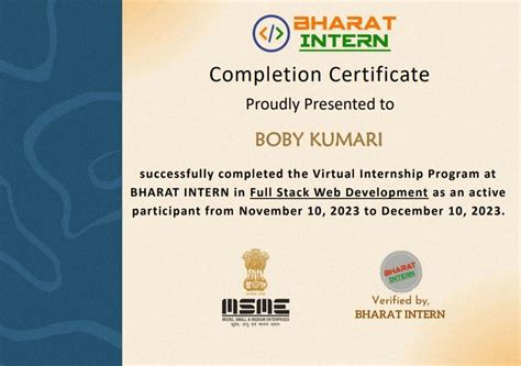 Boby Kumari On Linkedin Completion Certificate Of Bharat Intern As