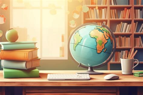 Premium Ai Image Modern Classroom Setup Desk With Supplies And Computer Monitor Generative Ai