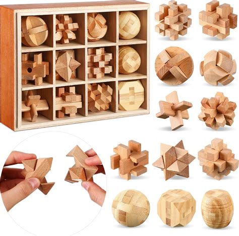 Yilloog 12 Pcs Wooden Puzzles Set Brain Teasers And