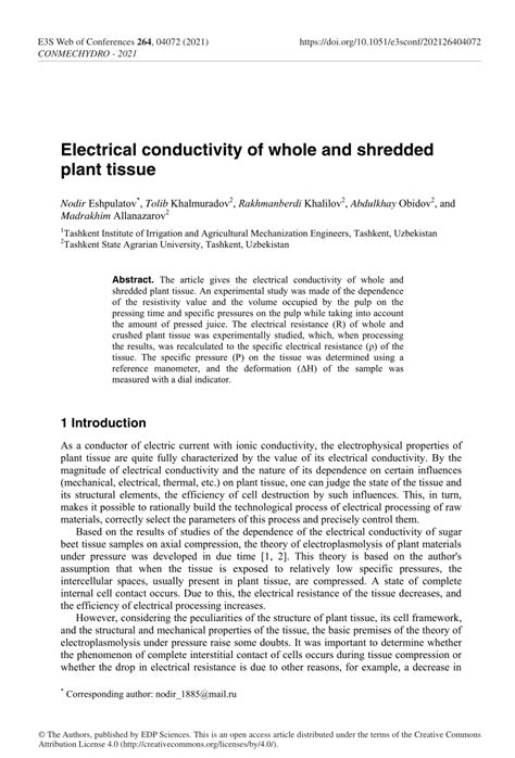 Pdf Electrical Conductivity Of Whole And Shredded Plant Tissue