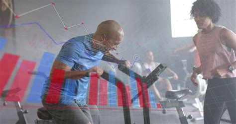 Animation Of Graph Processing Data Over Diverse Female Trainer And Man On Elliptical At Gym