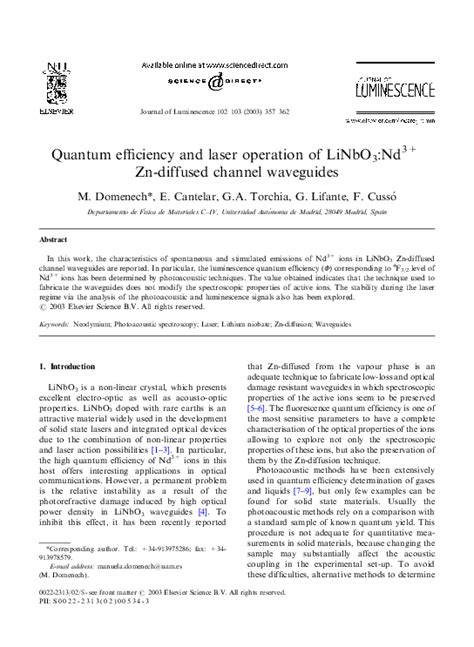 Pdf Quantum Efficiency And Laser Operation Of Linbo 3 Nd 3 Zn