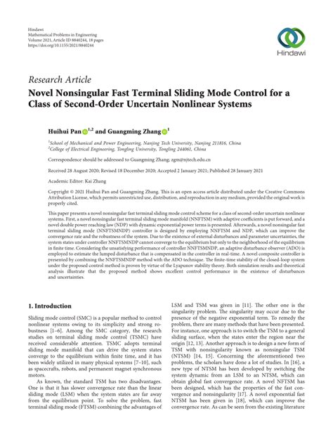 Pdf Novel Nonsingular Fast Terminal Sliding Mode Control For A Class Of Second Order Uncertain