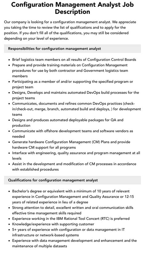 Configuration Management Analyst Job Description Velvet Jobs
