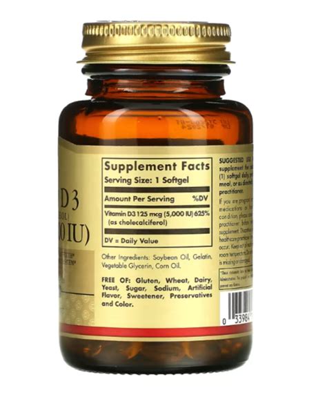 Solgar Vitamin D3 Cholecalciferol 125 Mcg 5000 Iu 100 Softgels