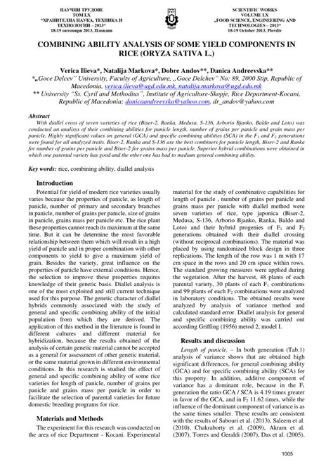 Pdf Combining Ability Analysis Of Some Yield Components Of Rice