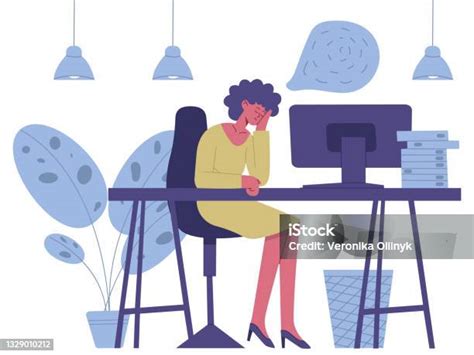 졸린 성격이 소진되었습니다 피곤 한 프리랜서 노동자 소진 여성 캐릭터 정신 건강 문제 벡터 일러스트 졸린 피곤 한 사무실 노동자