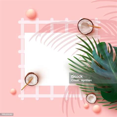 코코넛과 야자수는 녹색 가지를 나뭇잎 사실적인 3d 객체가 있는 최소한의 배경 배경 여름 열대 조성물입니다 텍스트의 공백입니다 평면 상단 보기입니다 벡터 그림입니다 0명에