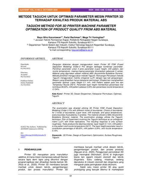 Pdf Metode Taguchi Untuk Optimasi Parameter Mesin Printer 3d Terhadap