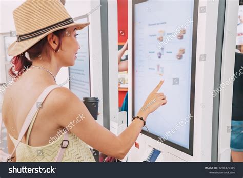 Female Customer Uses Touchscreen Terminal Selfservice Stock Photo Shutterstock