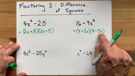 Difference Of Squares Factoring Four Examples Youtube