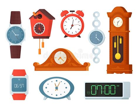 electronic and analog clocks flat design style objects set stock