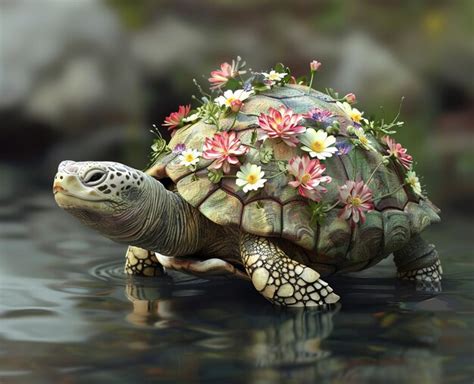 Turtle With Flowers Premium Ai Generated Image