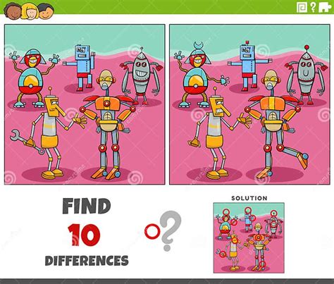 differences game with cartoon robots characters stock vector