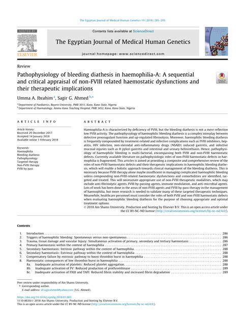 Pdf Pathophysiology Of Bleeding Diathesis In Haemophilia A A