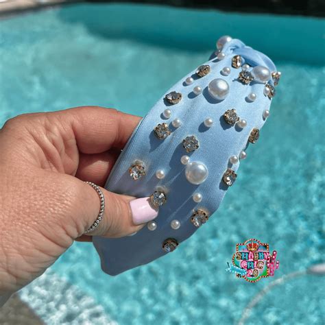 Light Blue Headband With Pearls And Stones Shabby Chic Boutique And
