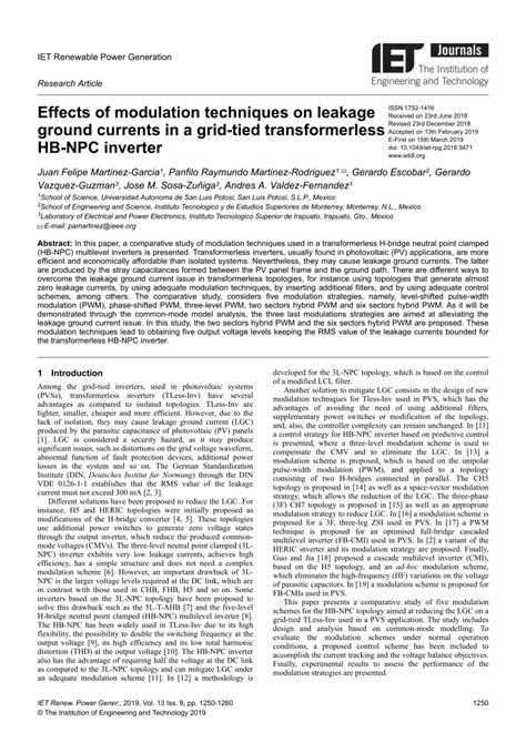 Effects Of Modulation Techniques On Leakage Ground Currents In A Grid Tied Transformerless Hb