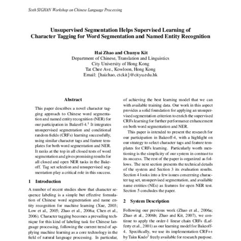 Unsupervised Segmentation Helps Supervised Learning Of Character Tagging For Word Segmentation