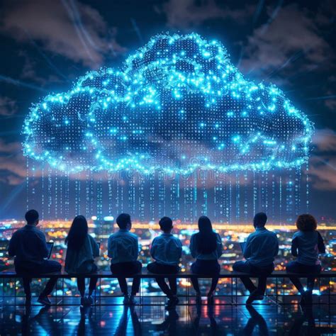 Diverse Team Collaborating On Cloud Computing With Glowing Binary Cloud Stock Illustration