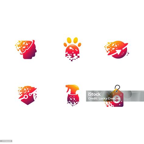 픽셀 테크 로고 디자인 개념 로봇 기술 로고 픽셀 발 픽셀 화살표 방패 방패 기술 로고 매직 스프레이 로고 픽셀 쿠폰 템플릿 벡터의 집합 3차원 형태에 대한 스톡 벡터 아트