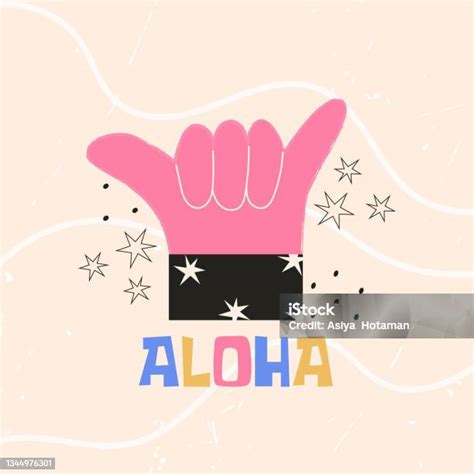 알로하 텍스트와 샤카 손 서명 제스처 스티커 티셔츠 프린트 포스터를 위한 다채로운 벡터 플랫 일러스트레이션 그래픽 프린트에 대한 스톡 벡터 아트 및 기타 이미지 Istock