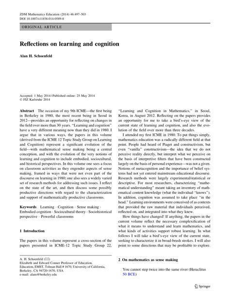 Pdf Reflections On Learning And Cognition