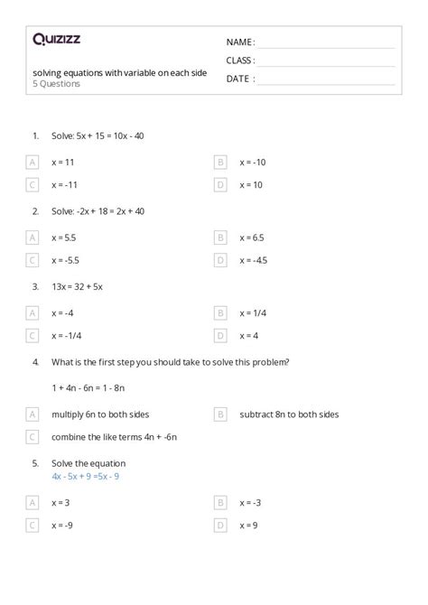 free solving equations with variables on both sides worksheet download