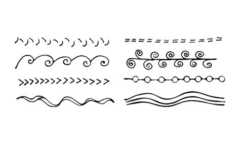 예술적인 펜 브러쉬 세트입니다 손으로 그린 그런 지 스트로크 벡터 그림입니다 낙서 선 곡선 및 테두리 벡터입니다 연필 효과