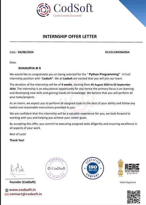 obtaining an internship at codsoft as a python programming intern