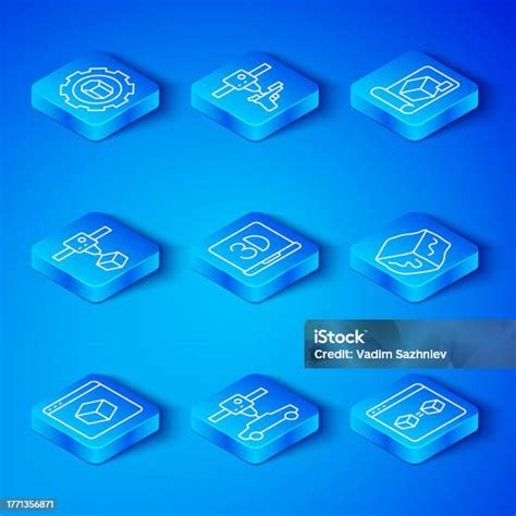라인 3d 프린터 자동차 아이소 메트릭 큐브 엔지니어링을위한 그래프 용지 설정 및 완벽한 복사 아이콘을 설정합니다 벡터 3차원 형태에 대한 스톡 벡터 아트 및 기타 이미지