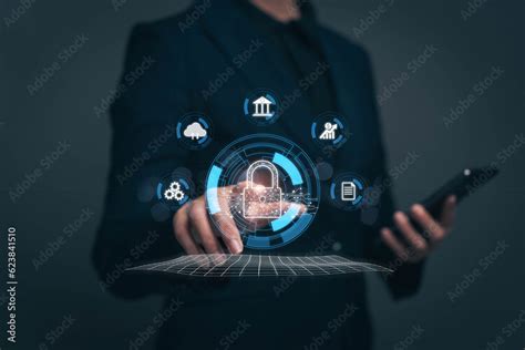 Businessman Finger Touching Padlock Iconcybersecurity Protection Conceptinnovative Digital