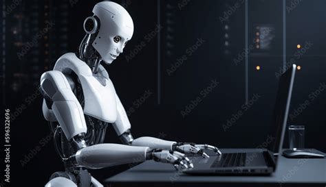 Ai Chatbot Robot Assistant Sitting At Desk Using Computer As Artificial Intelligence Business