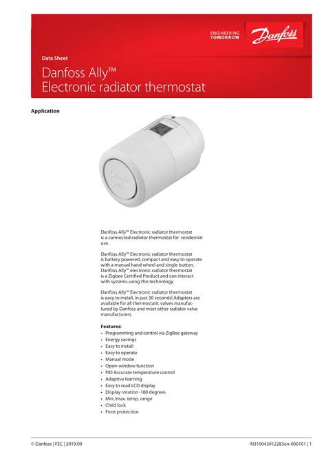Danfoss Ally™ Electronic Radiator Thermostat Datasheet Manualzz